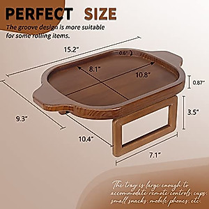 Wooden Couch Tray with Handle, Foldable Couch Arm Table, Sofa Arm Tray for Wide Couches Arm Within 10 Inches, Waterproof & Non-Slip Couch Arm Tray for Snacks Remote Control or Phone (Dark Brown)