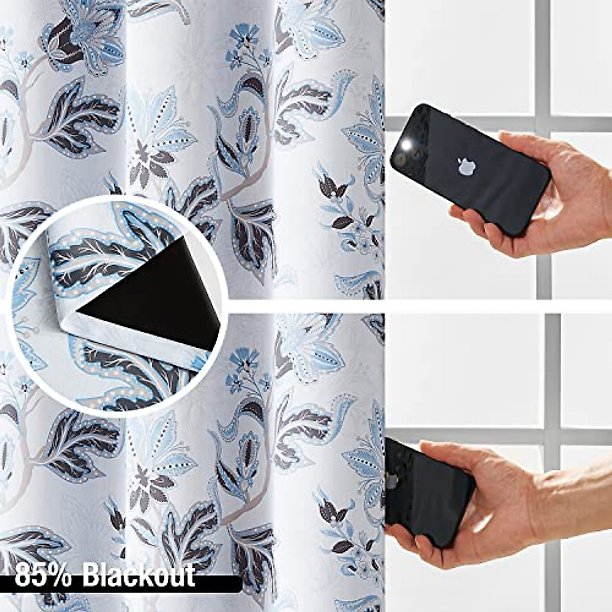 Blue White Blackout Curtains for Bedroom Living Room 84inch Long Floral Vine Leaf Curtain Panels Triple Weave Thermal Insulated Curtain Drapes 50" W 2 Panels