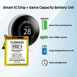 TQTHL for Nest Thermostat Battery,[980mAh] (𝟮𝟬𝟮4 𝗡𝗲𝘄 𝗨𝗽𝗴𝗿𝗮𝗱𝗲𝗱) TL284443 Battery Li-Polymer Battery for Nest Learning Thermostat 2nd 3rd Generation, T3007ES, T3008US, T4000ES, A0013