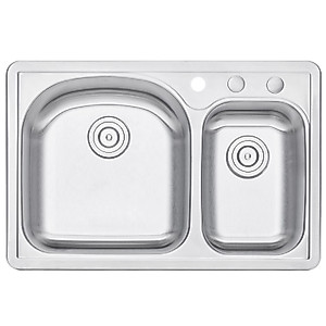 CozyBlock 33 x 22 x 8 Inch 70/30 Offset Top-mount/Drop-in Stainless Steel Double Bowl Kitchen Sink with Strainer and Protective Bottom Grid - 18 Gauge Stainless Steel-3 Faucet Hole
