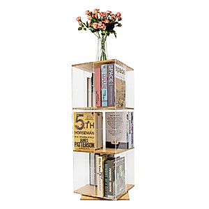 HAPPCUCOE 3 Tier Acrylic Rotating Bookshelf,360 Revolving Bookcase Floor Standing Acrylic Bookcase, Swivel Bookcase for Study Rooms, Offices, Classrooms