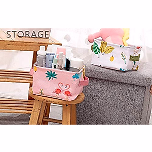 HappyDaily Cotton Linen Desktop Storage Basket, Multifunctional Foldable Household Basket Closet Organizer Toy Container Cosmetic Storage Box (Pink Flamingo)