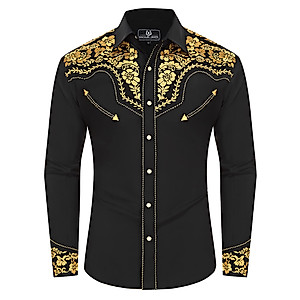 SALVAJE OESTE Embroidered Western Cowboy Shirts for Men Snap Button Long Sleeve Shirt with Western Cowboy Embroidery Black-Yellow