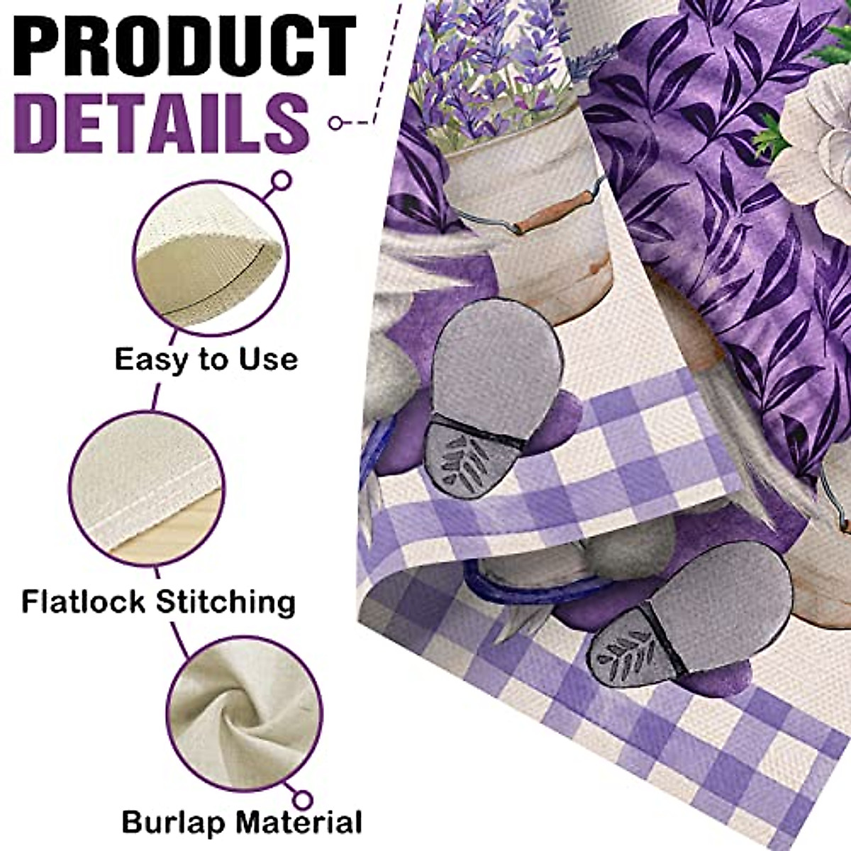 Dyrenson Welcome Spring Gnome Lavender Anemone Flower Decorative Garden Flag, Purple Buffalo Plaid Check Butterfly Floral House Yard Outside Decorations, Summer Farmhouse Outdoor Small Decor 12x18