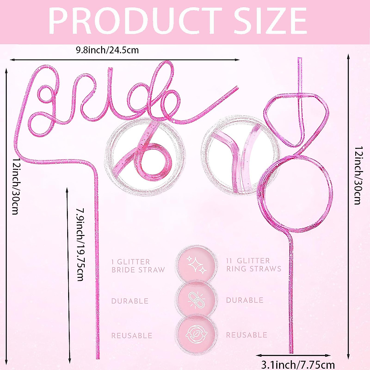 GREAWOD 12pcs Glitter Bachelorette Party Decorations Straws, Bride party Favors Bridal Shower Wedding Engagement Party Decorations,1 Pink Glitter Bride Straws And 11 Pink Glitter Diamond Ring Straws