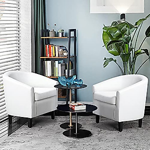 Yaheetech Accent Chair, Faux Leather Barrel Chairs Comfy Club Chairs Modern Accent Chair with Sturdy Wood Legs for Living Room/Bedroom/Reading/Room/Waiting Room, Set of 2, White