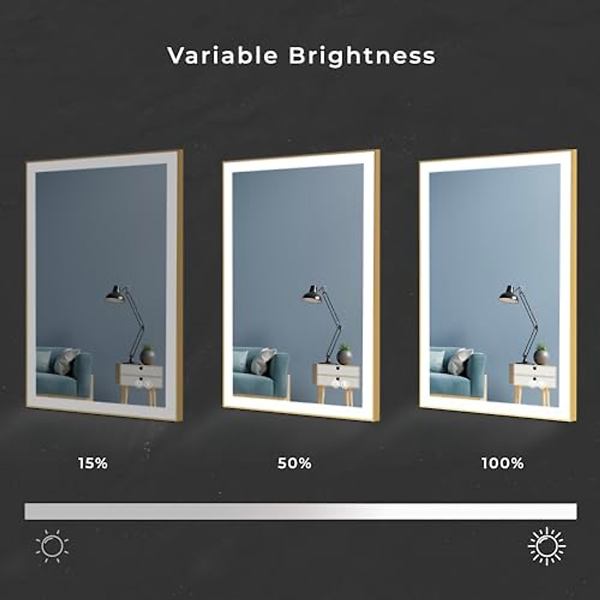 LED Lighted Bathroom Mirror 24 x 36 Inch, Champagne Gold Framed Wall Mounted Dimmable Vanity Mirror, Anti-Fog Touch Sensor, Adjustable Color Warm/White/Natural