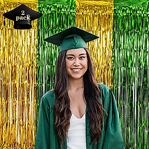 LOLStar 2 Pack Green and Gold Graduation Party Decoration 2023, 3.2x6.6 ft Foil Fringe Curtains, Tinsel Backdrop, Graduation Photo Booth Prop Streamer Backdrop for High School College University Party