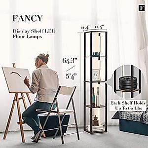 FENLO Fancy - 64" Display Shelf with Lights, LED Shelf Floor Lamps for Living Room, Sturdy Corner Shelf Curio Cabinet Display, Tall Floor Lamps with Shelves, 3 Level Brightness LED, Black