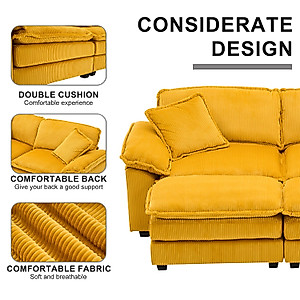Corduroy Sectional Couch, 84“ Width Oversize Loveseat Sofa, Comfy Plush Cloud Couch Lounge Chair with Ottomans and 2 Pillows for Small Spaces, Living Room, Bedroom, Office Easy to Install (Yellow)