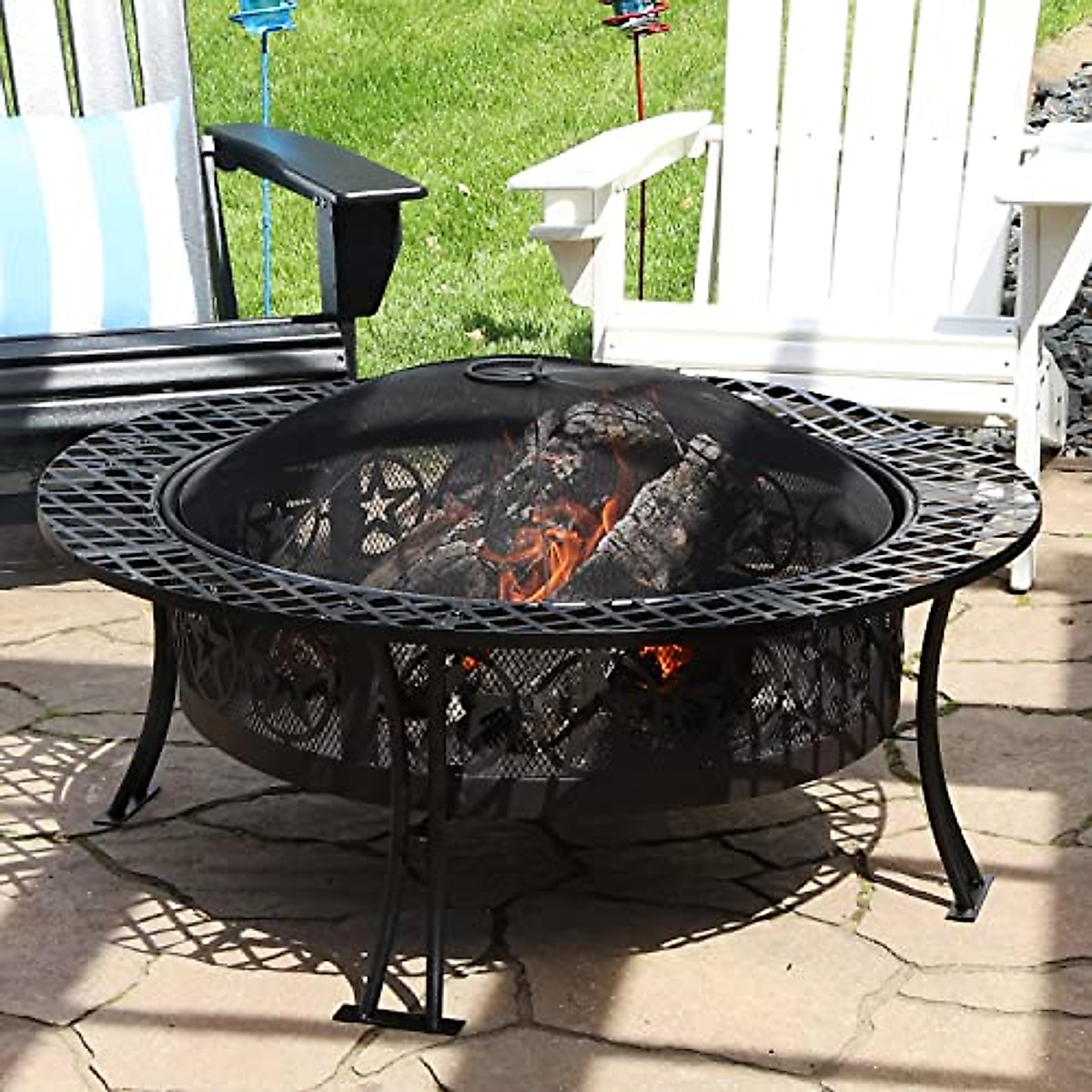 Sunnydaze 40-Inch Round Steel Fire Pit Table with Durable Spark Screen and Poker - Portable Design - Black - Four Star