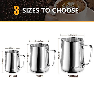 HOOMIL Milk Frothing Pitcher, 12oz/350ml Stainless Steel Steaming Pitcher Barista Milk Frother Cup Jug for Espresso Machine Coffee Cappuccino Latte Art - Silver