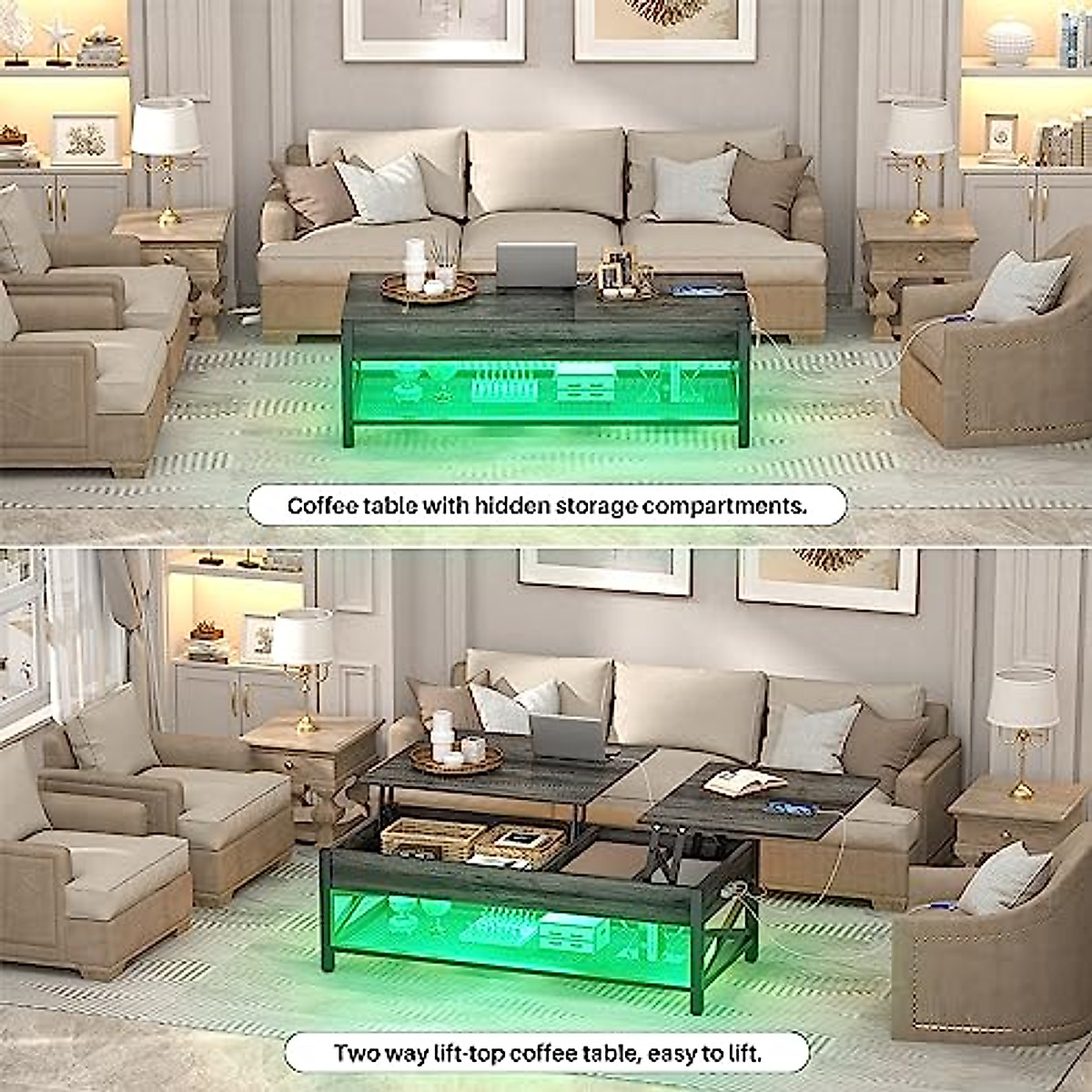 Aheaplus Coffee Table, Lift Top Coffee Table with LED Light and Power Outlet, Modern Lift-Top Table with Storage Shelf, Center Table for Living Room, Lift Tabletop, X Support, Metal Frame, Black Oak
