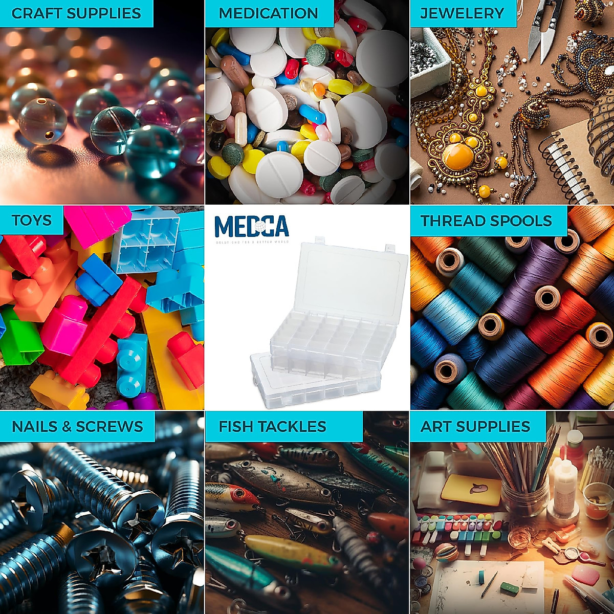 36 Grid Clear Plastic Organizer - Pack of 2- Bead Storage, Craft Organizer, DIY Small Parts Organizer, Jewelry Box, Fishing Tackle Box, Sewing, Nail Storage w/Adjustable Dividers & 5 Sticker Labels