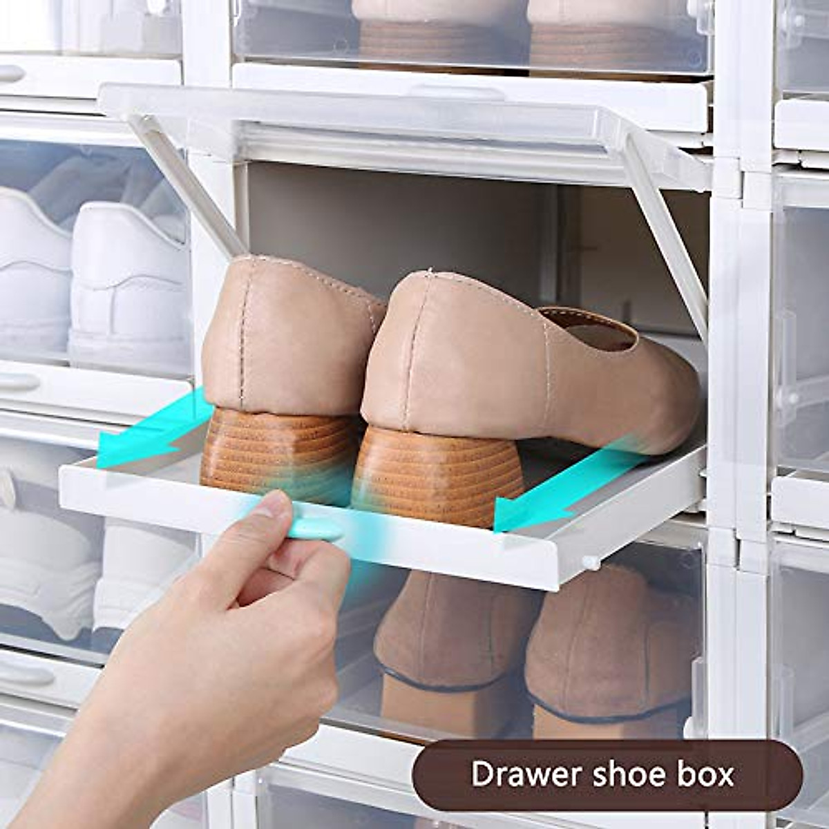 DACUN Safety Certification 10PCS Pull-Out Shoe Boxes, Drawer-Style Shoe Box, Stackable Shoe Storage Organizer, Space Saving Large Size Modular Shoe Cabinet, Foldable Clear Plastic Shoe Case