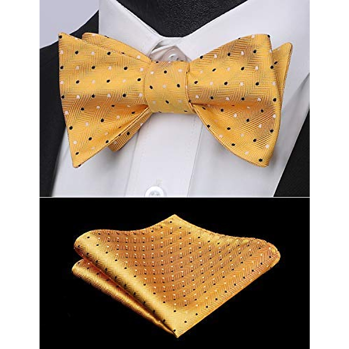 HISDERN Bowties Men Polka Dot Self Tie Bow Ties and Pocket Square Set Yellow Classic Formal Business Tuxedo Bowtie Handkerchief for Wedding Party
