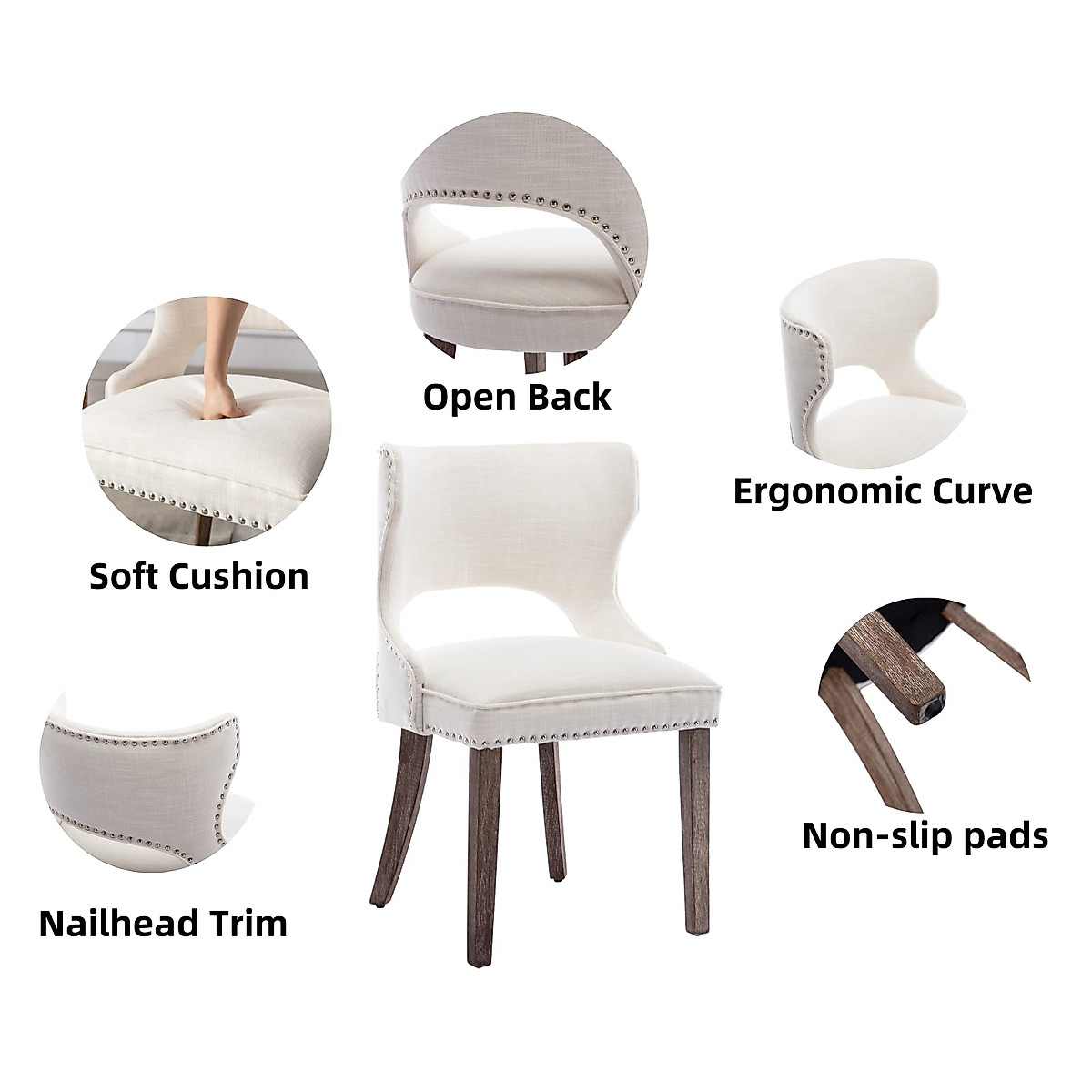 CIMOTA Mid Century Modern Dining Chairs Set of 2, Upholstered Dining Room Chairs Comfy Armless Side Chairs with Open Back/Nailhead Trim for Kitchen/Dining Room/Living Room, Linen Beige/2PCS