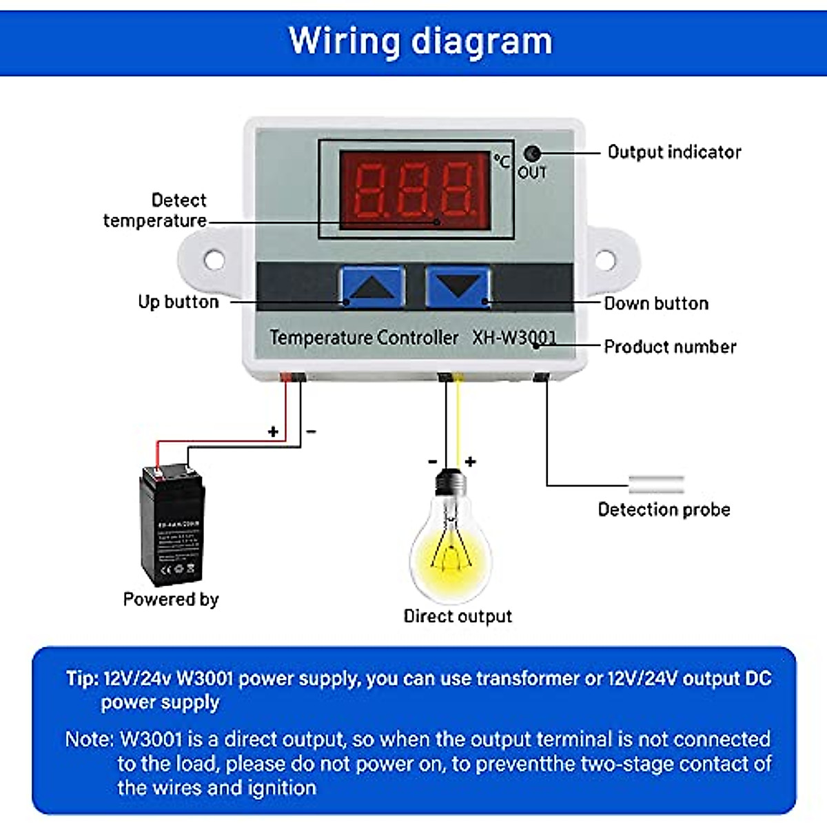 XINGYHENG XH-W3001 DC 12V 10A Microcomputer Digital Temperature Controller Digital Display Thermostat Control Switch and NTC 10K Thermistor Sensors Digital Temperature Probe (12V 120W)