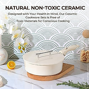 Pots and Pans Set with Removable Handle - 12 Pcs Nonstick Ceramic Cookware Set with Lids, Non Toxic Cookware Set, RV Cookware Set,Camping Cookingset, PTFE & PFOA Free,Oven Safe,Space Saving-Cream