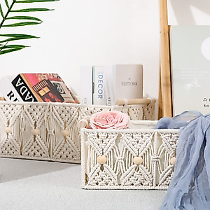 LaMorée Large Boho Macrame Storage Baskets 3 PCS Cotton Rope Hand Woven Bin Set with Natural Wooden Handles & Beads Decorative Wicker Boxes for Tabletop Book Shelf Bathroom Organizer Container