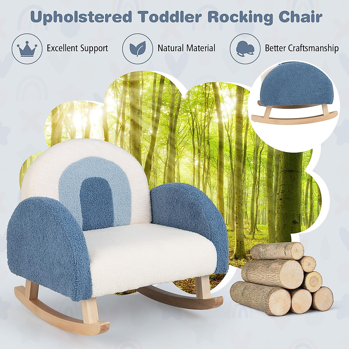 HONEY JOY Toddler Rocking Chair, Kids Rocker Chair with Solid Wood Frame & Plush Fabric, Kids Furniture Sofa w/Anti-Tipping Design, Toddler Couch for Kids Room, Playroom, Nursery, Bedroom (Blue)