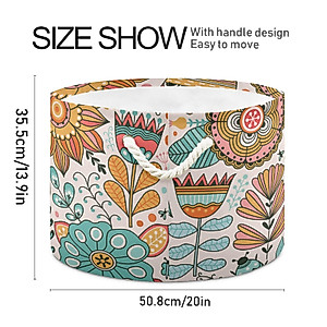 Botanic Texture Detailed Flowers Collapsable Foldable Storage Baskets Round Kids Linen Dirty Clothes Hamper