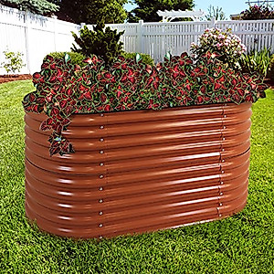 Sunnydaze Oval Raised Garden Bed - Galvalume Steel Vegetable or Flower Bed Kit - Stackable Backyard Planter Box with Rubber Edge Trim - 62.5" - Brown