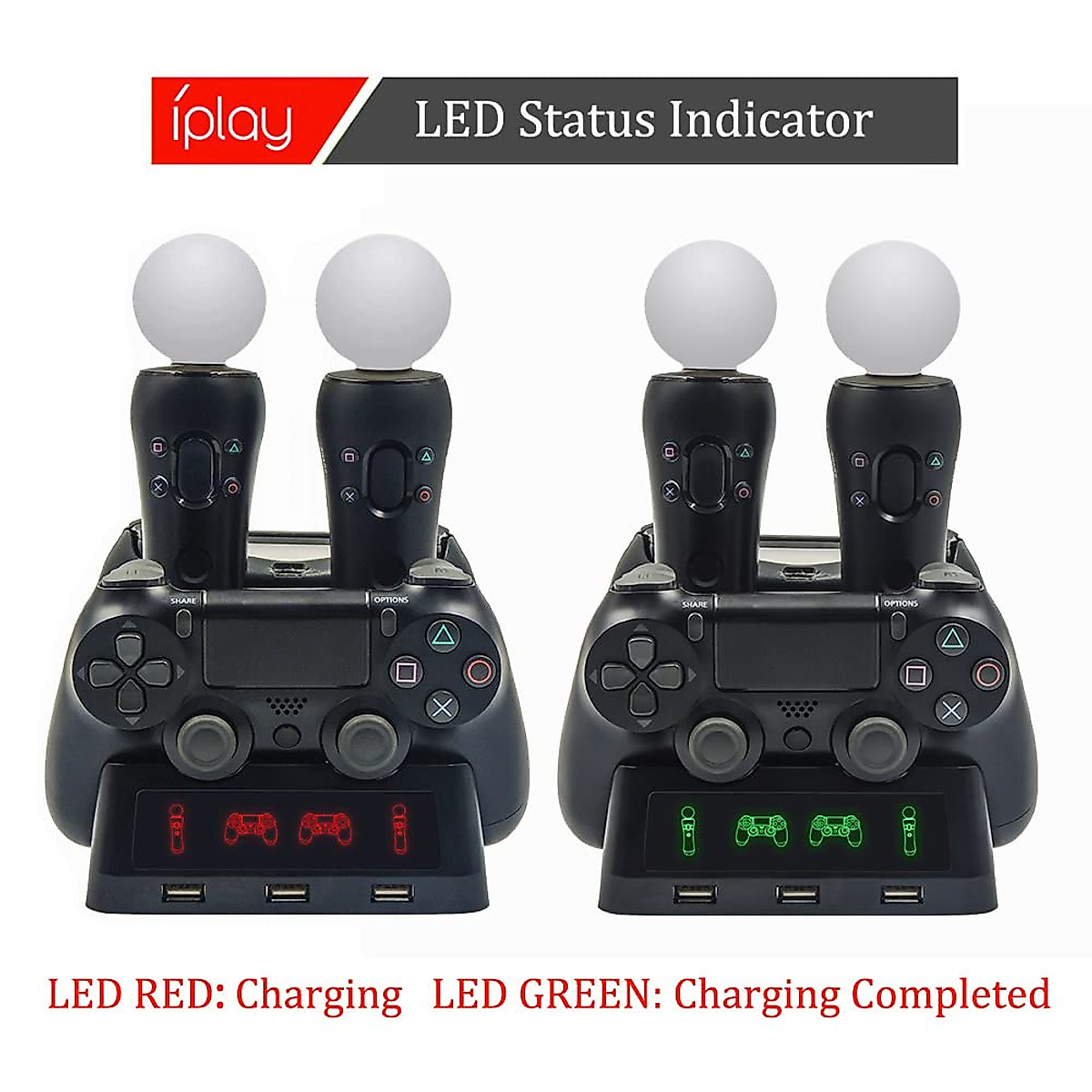 Controller Charger Charging Station Fast Charging Adapter, Multi Functional Charging Station for Sony / Move/ VR Controller with LED Indicator