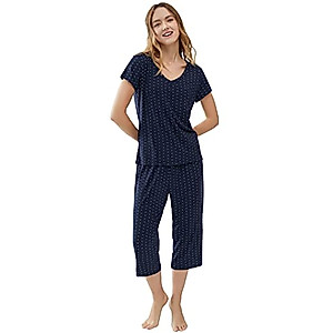 Joyaria Womens Capri Bamboo Pajamas Capri Pjs Set Night Sweats Short Sleeve Sleepwear Hot Flashes(Navy Polka Dot,XXL)