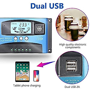 MPPT Solar Charge Controller 100 Amp,Solar Panel Regulator 12V/24V Dual USB Port Solar Panel Charger Intelligent Regulator(100A,12V/24V)