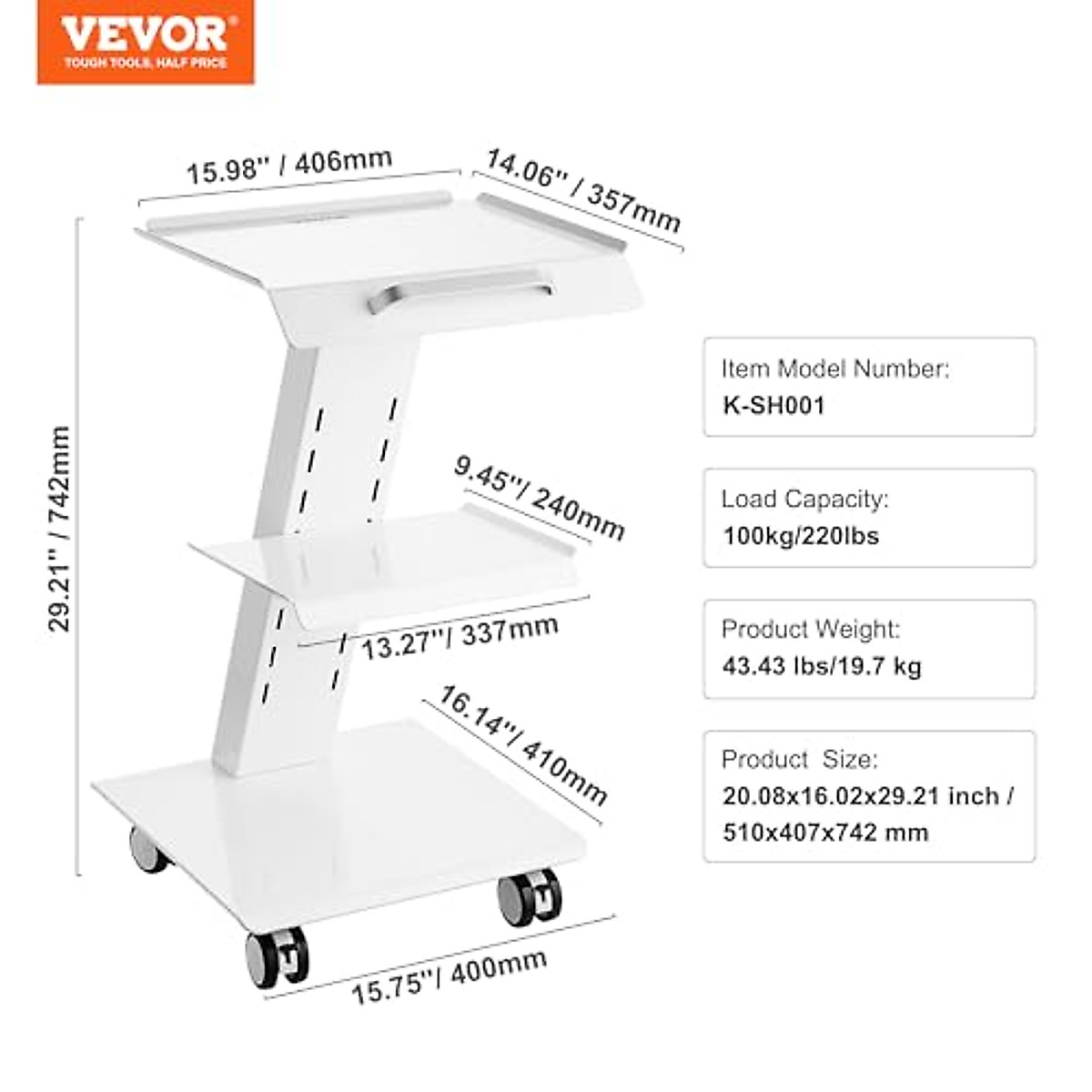 VEVOR Lab Trolley, Built-in Socket Rolling Lab Cart, 3 Layers Tray Rolling Clinic Cart, 360° Silent Rolling Wheels w/Foot Brake, 88 lbs Weight Capacity Sturdy Steel Frame, for Lab Clinic Beauty Salon