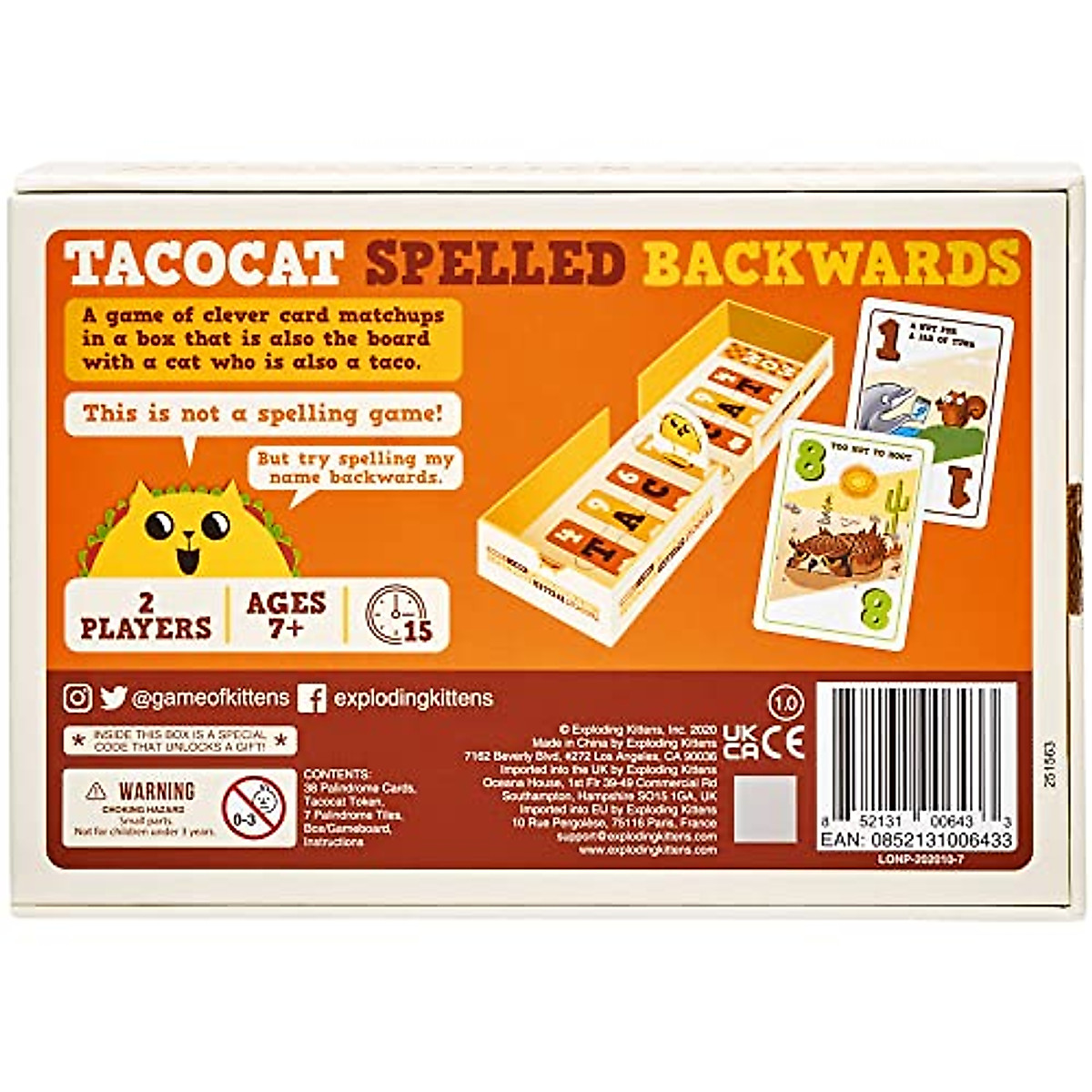 Tacocat Spelled Backwards by Exploding Kittens - 2 Players - Ages 7+ - 15 Minutes to Play - Clever Family Board Game - Couples Game, Family Game Night, Kid and Adult Board Game