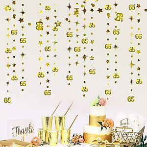 Gold 65th Birthday Decorations Number 65 Circle Dot Twinkle Star Garland Metallic Hanging Streamer Bunting Banner Backdrop for 65 Year Old Birthday Happy 65th Anniversary Sixy Five Party Supplies