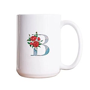 Yelolyio Watercolor Floral Monogram Coffee Mug, Alphabet Initial Letter B Coffee Cup, Monogram Mug Cup, 15oz