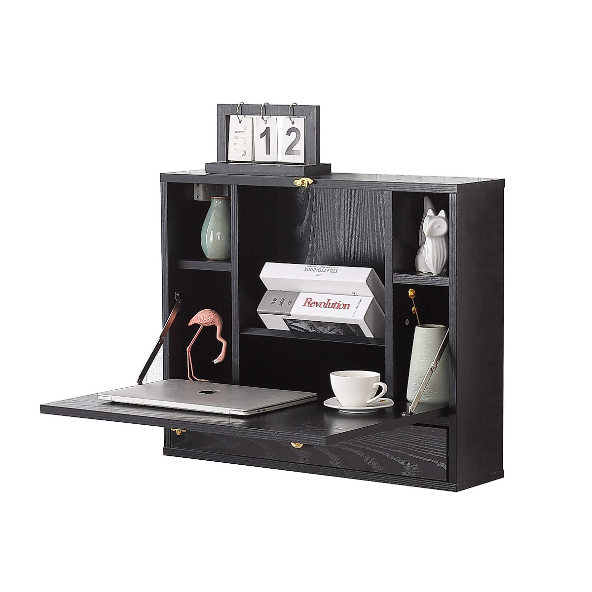 Wall Mounted Table, Folding Laptop Desk Wall-Mount Writing Desk with Storage Shelves & Drawer, Wall Mounted Desk for Home, Office, Small Spaces(Black)