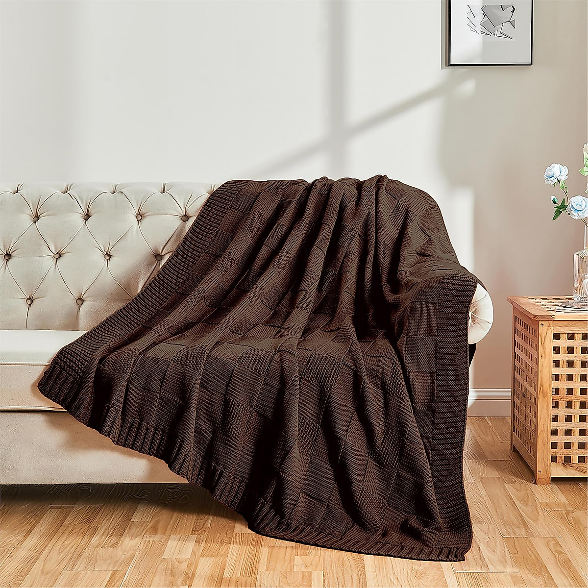 CozeCube Knit Throw Blanket, Brown Checkered Throw Blanket for Couch, Soft Cozy Warm Knitted Throw Blanket for Couch Bed Sofa Living Room, Decorative Spring Fall Throw Blanket 50"X60", Dark Brown