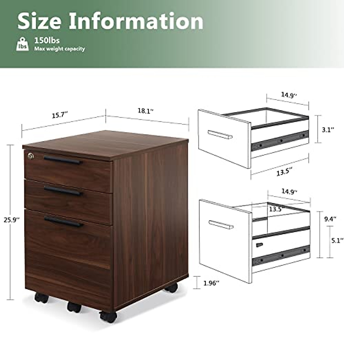 VICLLAX 3 Drawers Locking Mobile File Cabinet, Under Desk Storage Filing Cabinet for Home Office, Brown Walnut