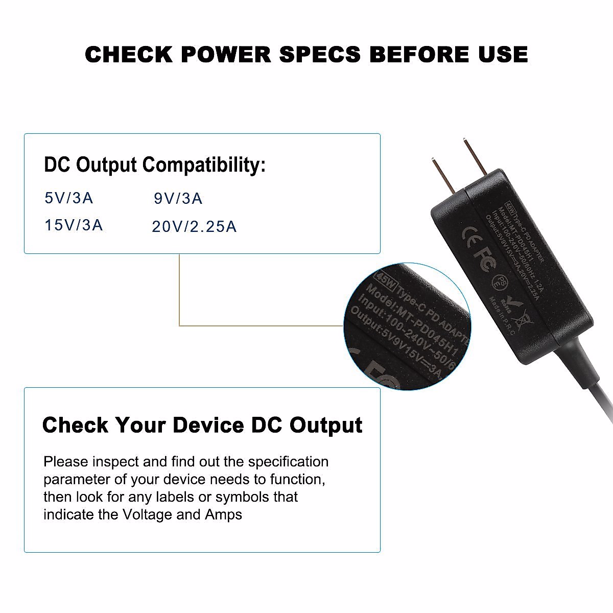 45W USB-C AC Charger for Dell XPS 12 XPS 13 9360 9370 9333 9380 14 7437 Latitude 7275 7370 5175 5285 5290-2in1 7390-2in1 Series Laptop 332-1827 LA45NM150 Portable Power Supply