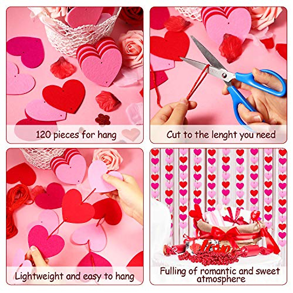 120 Pieces Felt Heart Garlands Heart Hanging String Garland Valentines Day Garland Decor with Red Rope for Valentines Anniversaries Wedding Party Supplies (Red, Pink, Rose Red) (Red, Pink, Rose Red)