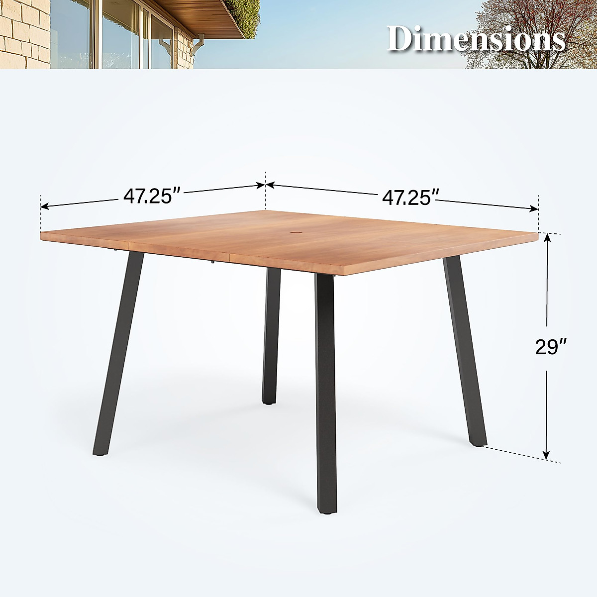HERA'S HOUSE Patio Dining Table, 4 Person 47" x 47" Square E-Coating and Powder Coating Steel Frame Outdoor Dining Table with 1.57" Umbrella Hole for Garden, Lawn and Backyard