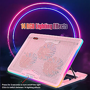 ANC160 Laptop Cooling Pad, Full Surround LED Strip, 15 Types of Lighting Effects, 3 Stepless Adjustment Quiet Fans, 7 Angle Adjustment, Supports up to 19 inch (Pink)