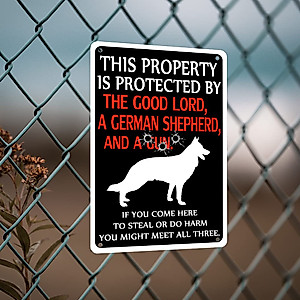 Beware Of Dog Metal Sign Funny Warning Signs For Property Is Protected By German Shepherds Tin Sign Beware Of Dogs Signs For Fence Decorations Outdoor German Shepherd Owner Gifts 8x12 Inches