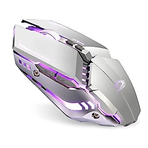 TENMOS T12 Wireless Gaming Mouse Rechargeable, 2.4G Silent Optical Wireless Computer Mice with Changeable LED Light for Laptop PC, 7 Buttons, 3 Adjustable DPI (Silver)