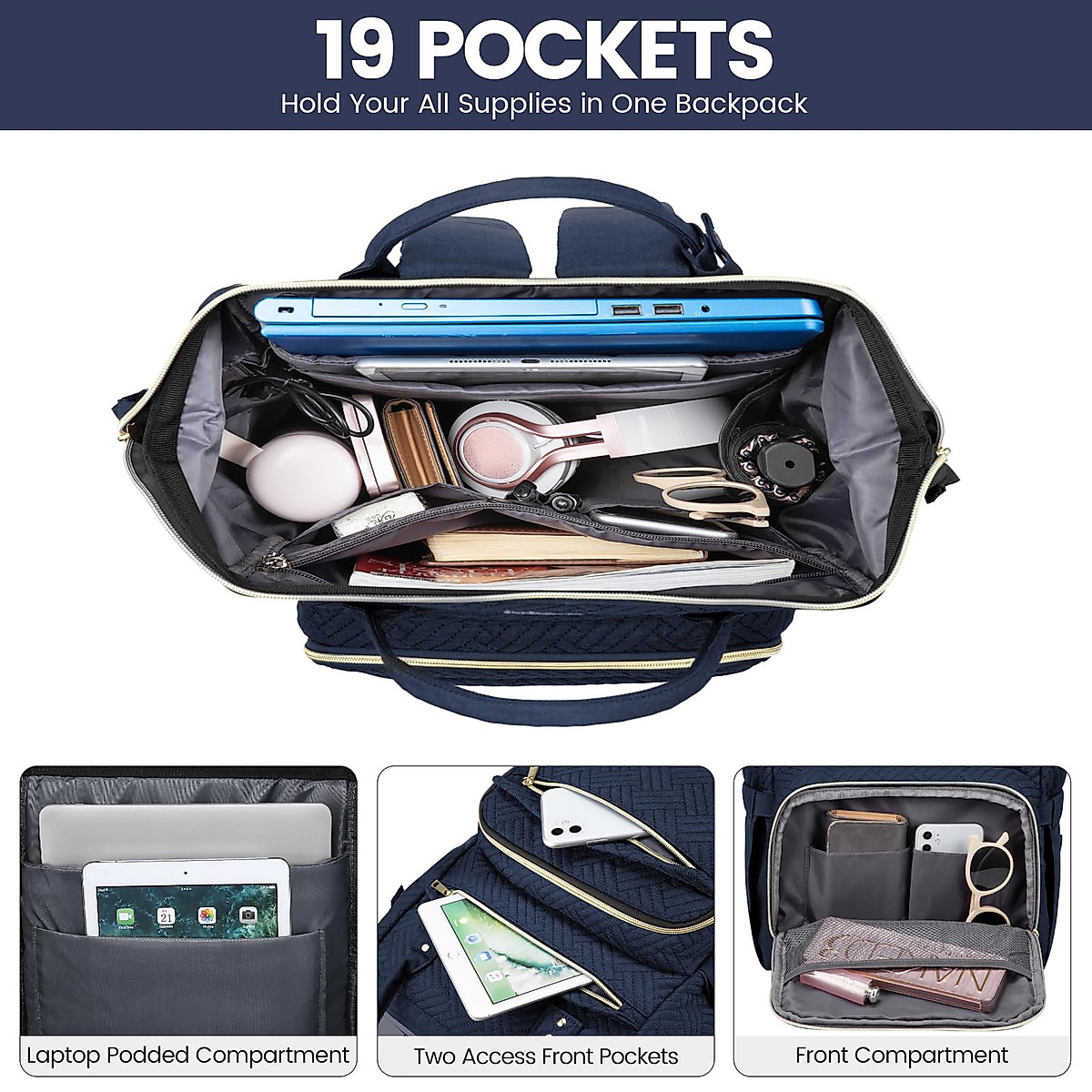 LOVEVOOK Laptop Backpack for Women,15.6 Inch Professional Womens Travel Backpack Purse Computer Laptop Bag Nurse Teacher Backpack,Waterproof Work Bags Carry on Back Pack with USB Port,Dark Blue Plait