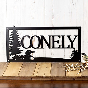 Personalized Rectangular Metal Family Name Plaque with Lake Loon and Pine Trees
