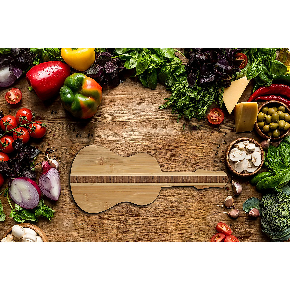 Vastigo Guitar Shaped Bamboo 7” x 17” Serving and Cutting Board – Music Inspired Kitchenware: Perfect for Serving Appetizers, Cheeses, Charcuterie and More
