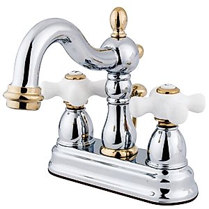 Elements of Design EB1604PX Centerset Lavatory Faucet with Porcelain Cross Handle, 4", Chrome/Polished Brass