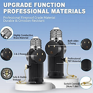 2 PCS Light Socket to Plug Adapter, Both Sides Sockets Support 3 Prong Light Socket Outlet Adapter, Light Bulb Outlet Socket Adapter with Switch Control, E26 E27 Light Bulb Socket Adapter - Black