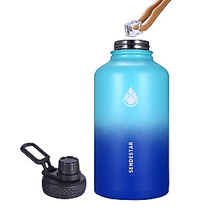 SENDESTAR 64 oz Beer Growler Double Wall Vacuum Insulated Leak Proof Stainless Steel Water Bottle —Wide Mouth with Flat Cap & Spout Lid Includes Water Bottle Pouch (Mint/Cobalt)