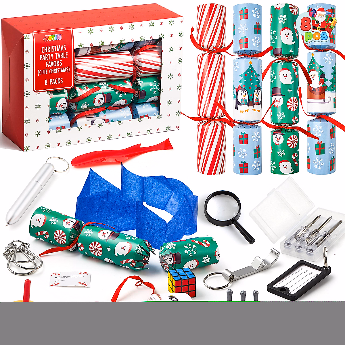 JOYIN 8 Pack Christmas Party Favor Non-Snap Christmas Party Table Favors with Holiday Party Favor Supplies for Kids and Adults, Christmas Parties, Dinners and Holidays